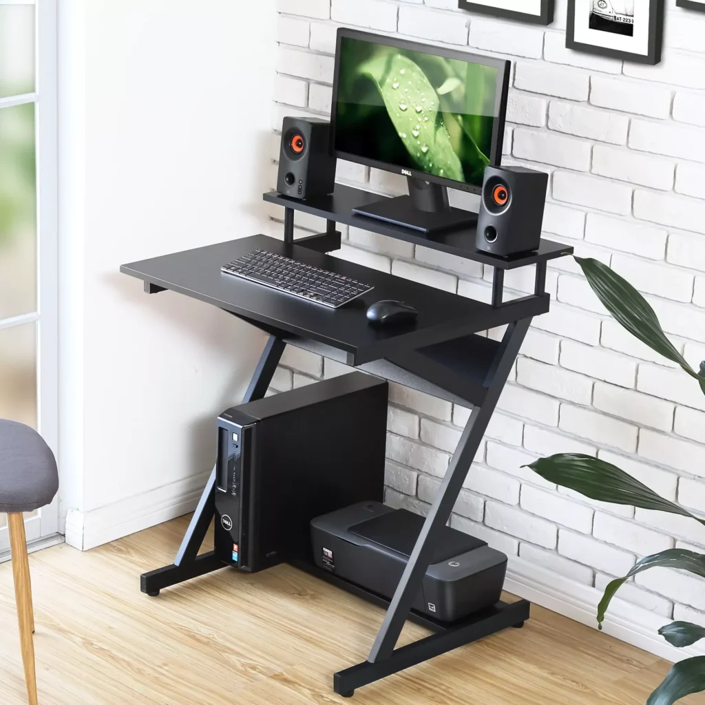 Compact Modern Z-Shaped Computer Desk with Monitor Shelf for Small ...